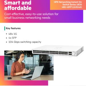 HPE Networking Instant On Switch Series 1830 48-Port Gb Smart-Managed Layer 2 Ethernet Switch | 48x 1G | 4X SFP | Fan-Less | US Cord (JL814A#ABA)