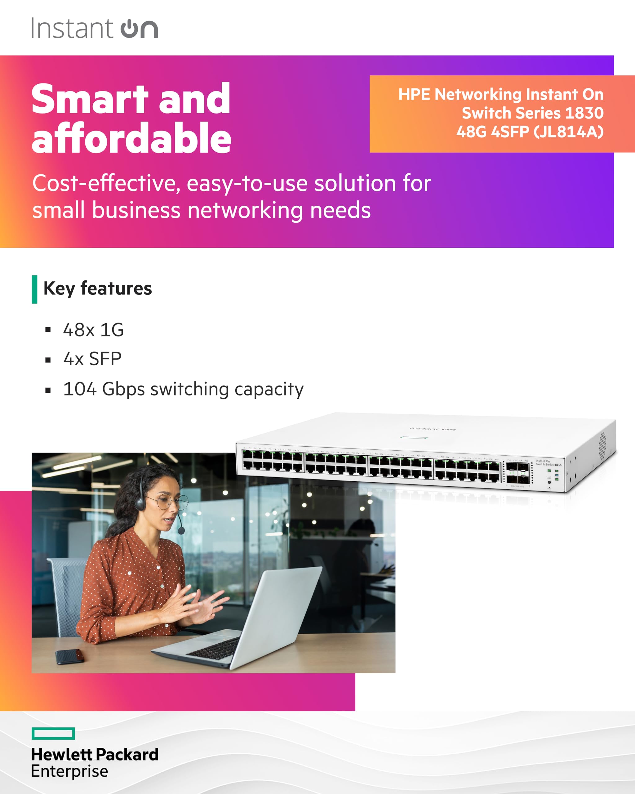 HPE Networking Instant On Switch Series 1830 48-Port Gb Smart-Managed Layer 2 Ethernet Switch | 48x 1G | 4X SFP | Fan-Less | US Cord (JL814A#ABA)