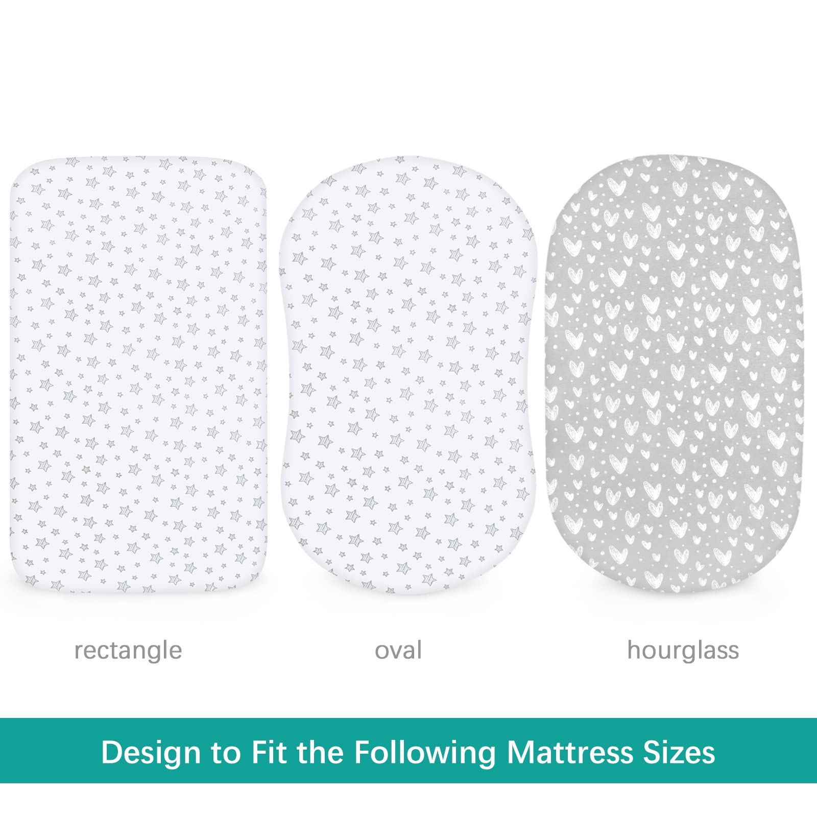 Waterproof Bassinet Sheets Fit for Halo, Dream on Me, Ingenuity, Fisher Price, Delta, Graco and Other Oval Bassinet Mattress, 2 Pack, 100% Cotton, Ultra Soft, White Grey Star Print for Baby