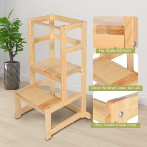 RedSwing Toddlers Kitchen Stool Helper, Sturdy Kids Step Stool with Safety Rail, Wooden Baby Standing Tower for Kitchen Counter and Bathroom, Easy to Assemble, Natural