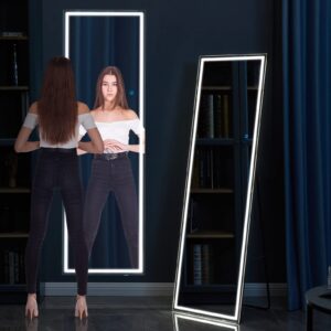 bewitu 63"x20" full length mirror with led lights, free standing lighted floor mirror, wall mounted full body hanging mirror with lights for bedroom with dimming lights & 3 color modes (black)