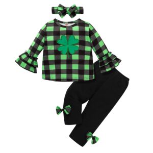 younger tree toddler girl st patricks day outfits four-leaf clover sweatshirt clothes saint patrick's day ruffle t shirt tops + bell bottoms pants (green plaid a, 4-5t)