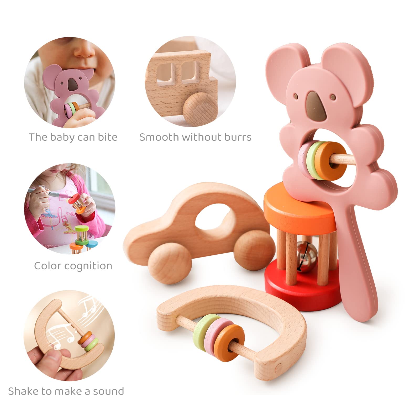 Promise Babe Wooden Baby Toys 4pcs Rattles Set Baby Toys Montessori Toys for Babies,Red