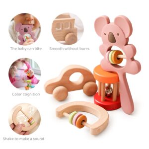 Promise Babe Wooden Baby Toys 4pcs Rattles Set Baby Toys Montessori Toys for Babies,Green