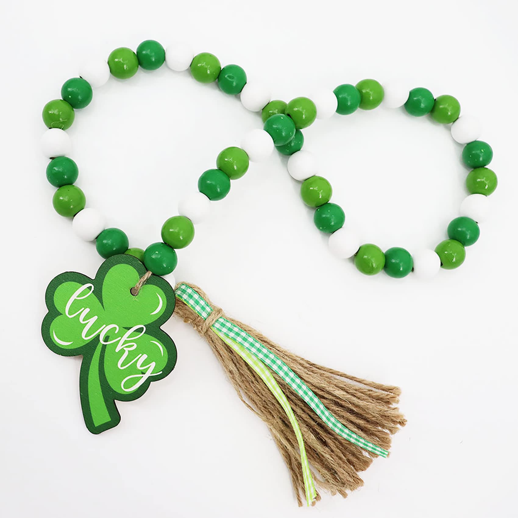 TOOFD 33.5 inch St.Patrick's Day Shamrock Wood Bead Garland with Tassels Ornaments, Green Lucky Clover Wooden Beads Garland Farmhouse Tiered Tray Wall Hanging Home Decor St.Patrick's Day Decoration