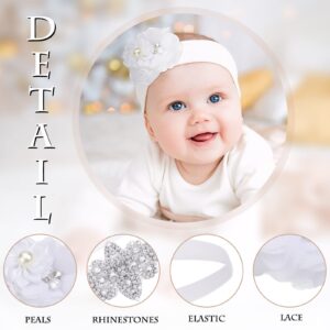 Juinte 6 Pcs White Baptism Headband for Baby Girl Toddler Elastic Chiffon Flower Crystal Lace Headbands Christening White Baby Baptism Headband Gifts Birthday Baby Shower Party (3-6 Months)