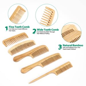 5 Pcs Natural Handmade Bamboo Anti-Static Combs Set - Wide Tooth, Rat Tail and Fine Tooth for Long, Short, Thick, Thin, Wavy or Curly Hair Detangling (Natural)