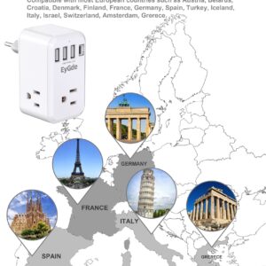 European Travel Plug Adapter, EyGde International Travel Power Adater 3 American Outlets with 1 USB Type C and 3 USB Charger, US to EU Plug Adapter for France, Germany, Greece, Italy, Israel, Spain