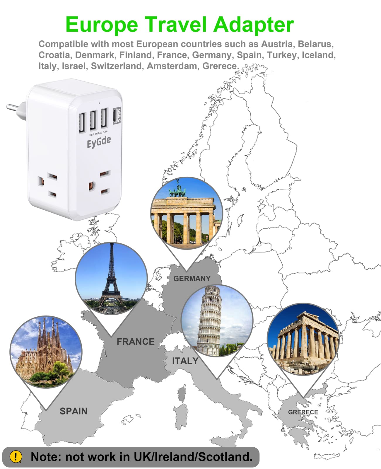 European Travel Plug Adapter, EyGde International Travel Power Adater 3 American Outlets with 1 USB Type C and 3 USB Charger, US to EU Plug Adapter for France, Germany, Greece, Italy, Israel, Spain