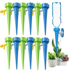 self watering spikes, slow release control valve switch automatic irrigation watering drip system, adjustable water volume drip system for vacation and outdoor plant watering-12pack（6 green&6 blue）