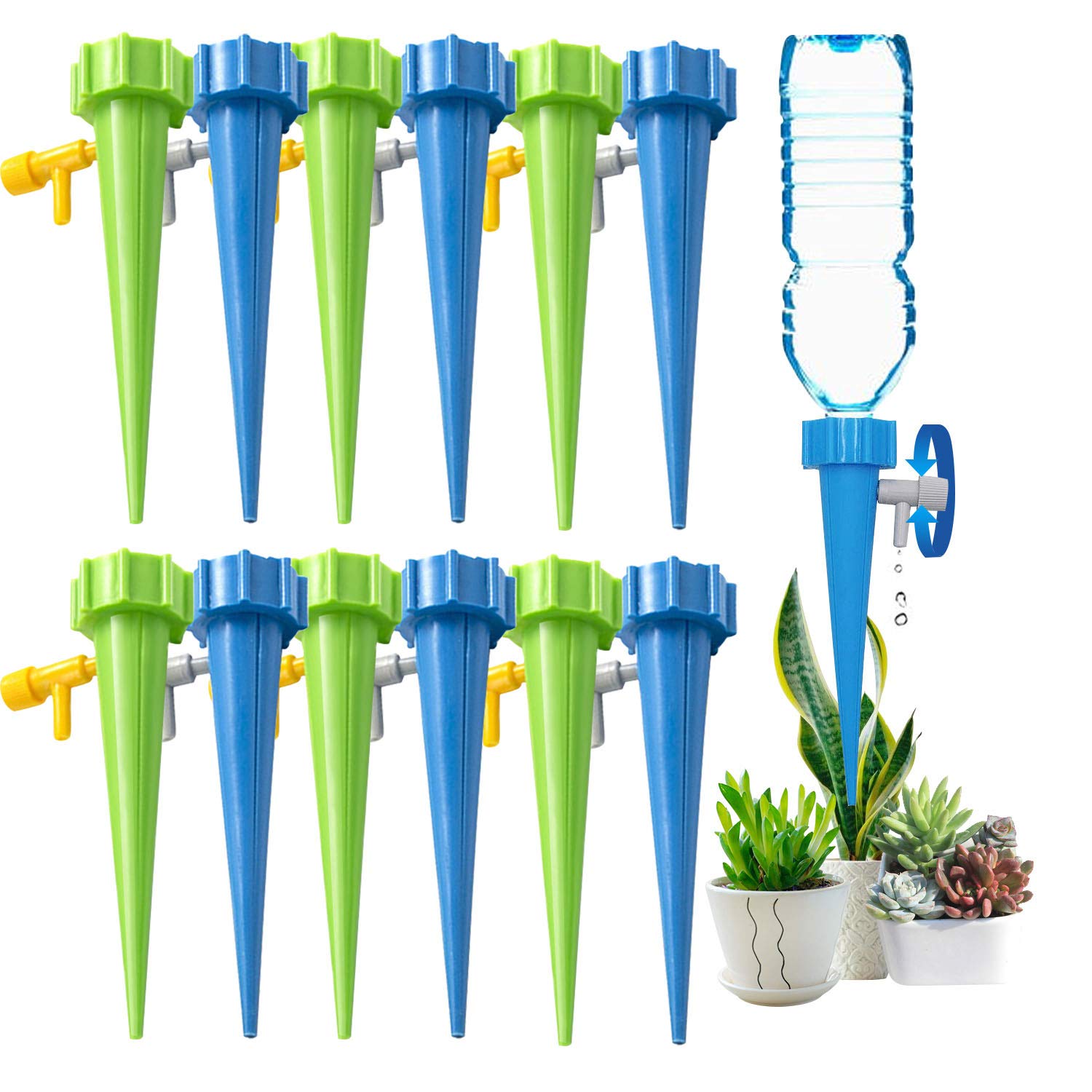 Self Watering Spikes, Slow Release Control Valve Switch Automatic Irrigation Watering Drip System, Adjustable Water Volume Drip System for Vacation and Outdoor Plant Watering-12Pack（6 green&6 blue）