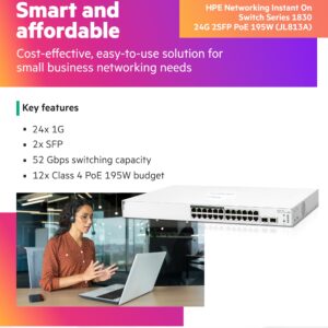 HPE Networking Instant On Switch Series 1830 24-Port Gb Smart-Managed Layer 2 Ethernet Switch with PoE | 24x 1G | 2X SFP | 12x CL4 PoE (195W) | Fan-Less | US Cord (JL813A#ABA)