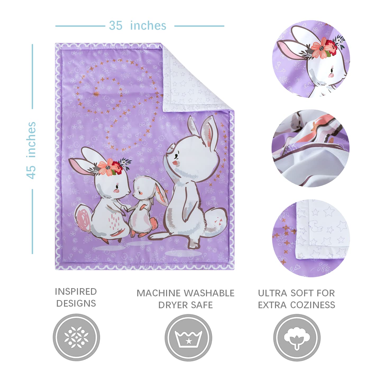 Little Grape Land 4 Piece Crib Bedding Set, Crib Sheet, Crib Skirt, Baby Quilt and Pillow Cover, Nursery Bedding Set, Baby Comforter Set for Toddler, Kids, Boys and Girls, Purple Rabbit