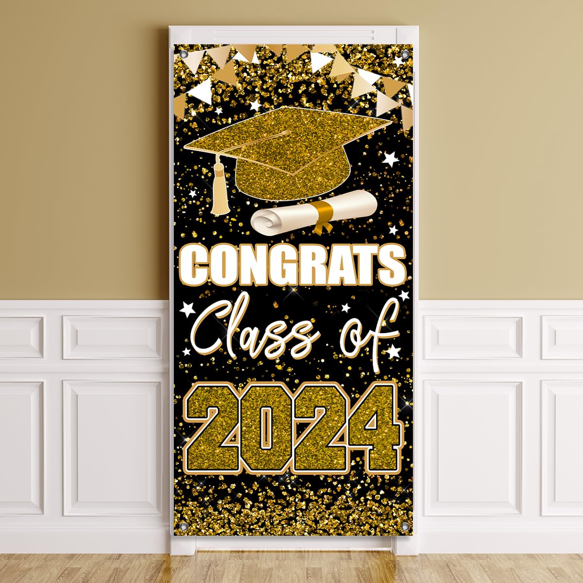 Gold Class of 2024 Banner Gold Graduation Party Decorations Class of 2024 Door Banner for Indoor/Outdoor High School Congrats Grad Party Supplies