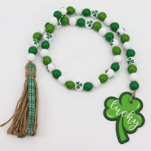 TOOFD 33.5 inch St.Patrick's Day Shamrock Wood Bead Garland with Tassels Ornaments, Green Lucky Clover Wooden Beads Garland Farmhouse Tiered Tray Wall Hanging Home Decor St.Patrick's Day Decoration