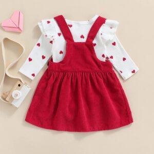 0-18M Infant Baby Girls Outfits Long Sleeve Ruffle Knit Heart Print Romper+ Suspender Skirt Overall Dress Set (Red, 3-6 Months)