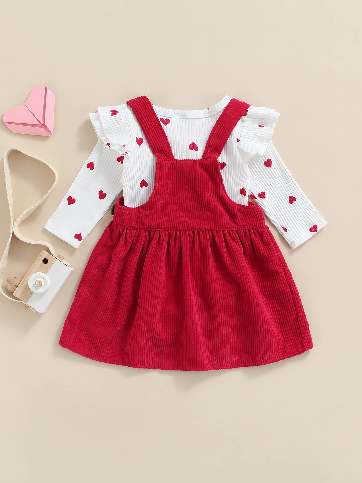 0-18M Infant Baby Girls Outfits Long Sleeve Ruffle Knit Heart Print Romper+ Suspender Skirt Overall Dress Set (Red, 3-6 Months)