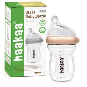 haakaa gen.3 natural glass baby bottle wide neck anti-colic variable flow nipple - easy to clean & latch for 6m+ breastfed babies, newborn registry essentials,bpa-free, 6.3 oz/180 ml, peach