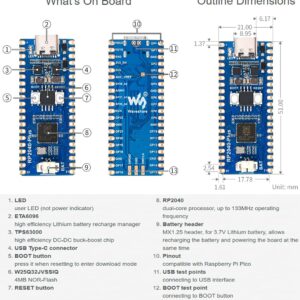 waveshare RP2040-Plus Board with Pre-Soldered Header, Pico-Like MCU Board Based on Raspberry Pi RP2040, Dual-Core Arm Cortex M0+ Processor Onboard 4MB Flash,USB-C Connector,Recharge Header,etc