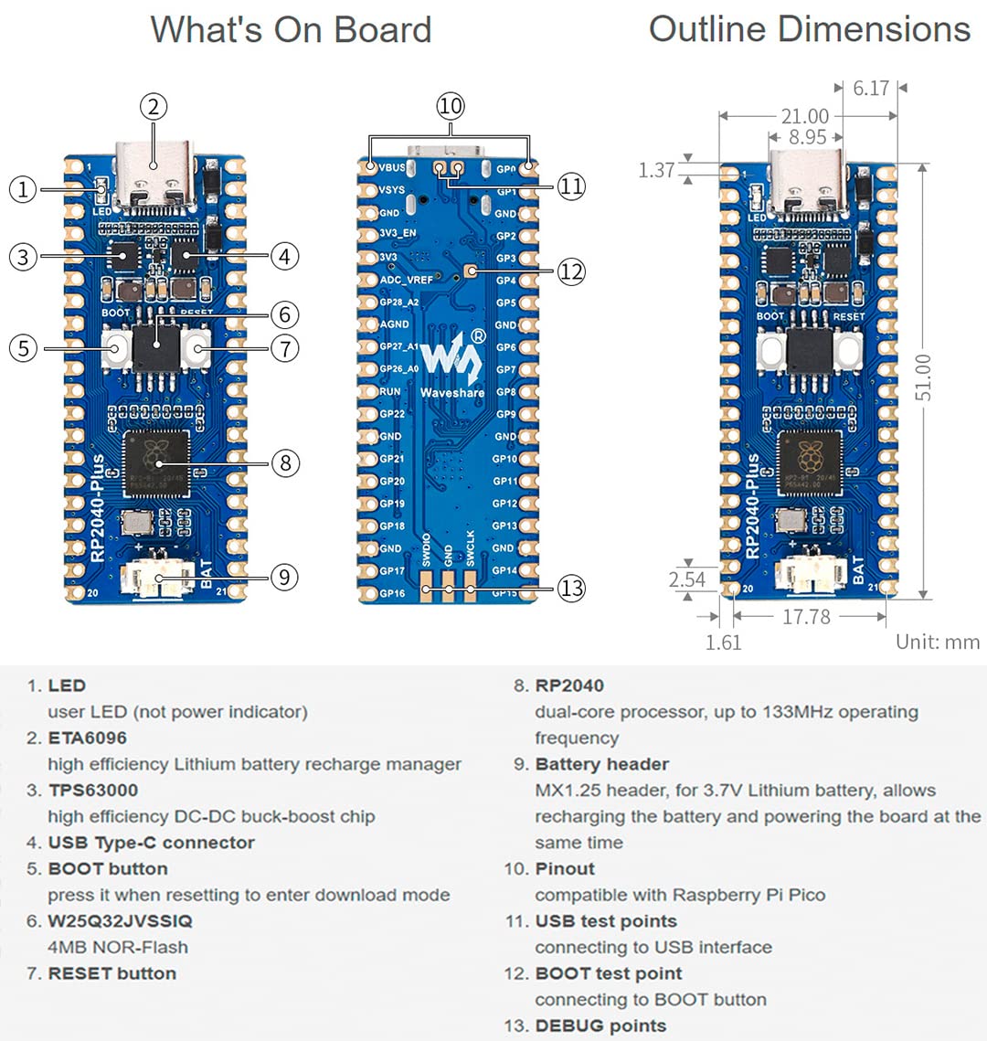 waveshare RP2040-Plus Board with Pre-Soldered Header, Pico-Like MCU Board Based on Raspberry Pi RP2040, Dual-Core Arm Cortex M0+ Processor Onboard 4MB Flash,USB-C Connector,Recharge Header,etc