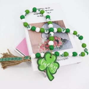 TOOFD 33.5 inch St.Patrick's Day Shamrock Wood Bead Garland with Tassels Ornaments, Green Lucky Clover Wooden Beads Garland Farmhouse Tiered Tray Wall Hanging Home Decor St.Patrick's Day Decoration