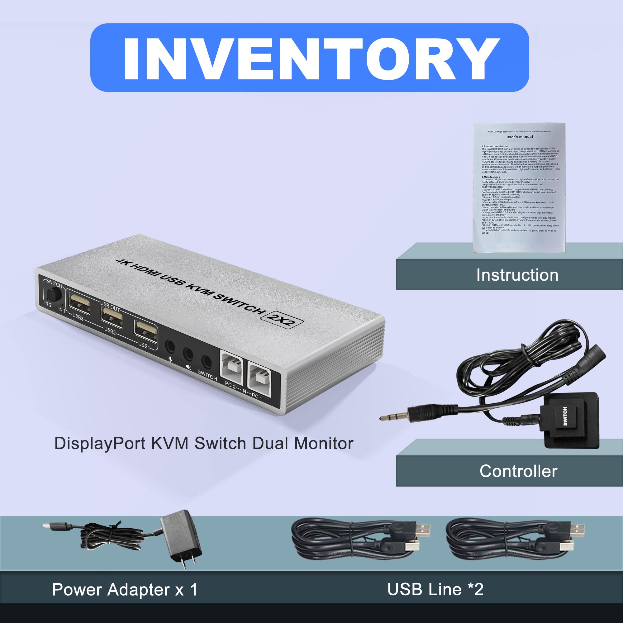 KVM Switch Dual Monitor DisplayPort 4K@60Hz Extended Display, DP 1.2 KVM Switch 2 in 2 Out with Audio Microphone Output and 3 USB 2.0 Hub, PC 2 Monitors Keyboard Mouse Switcher with 2 USB Cables