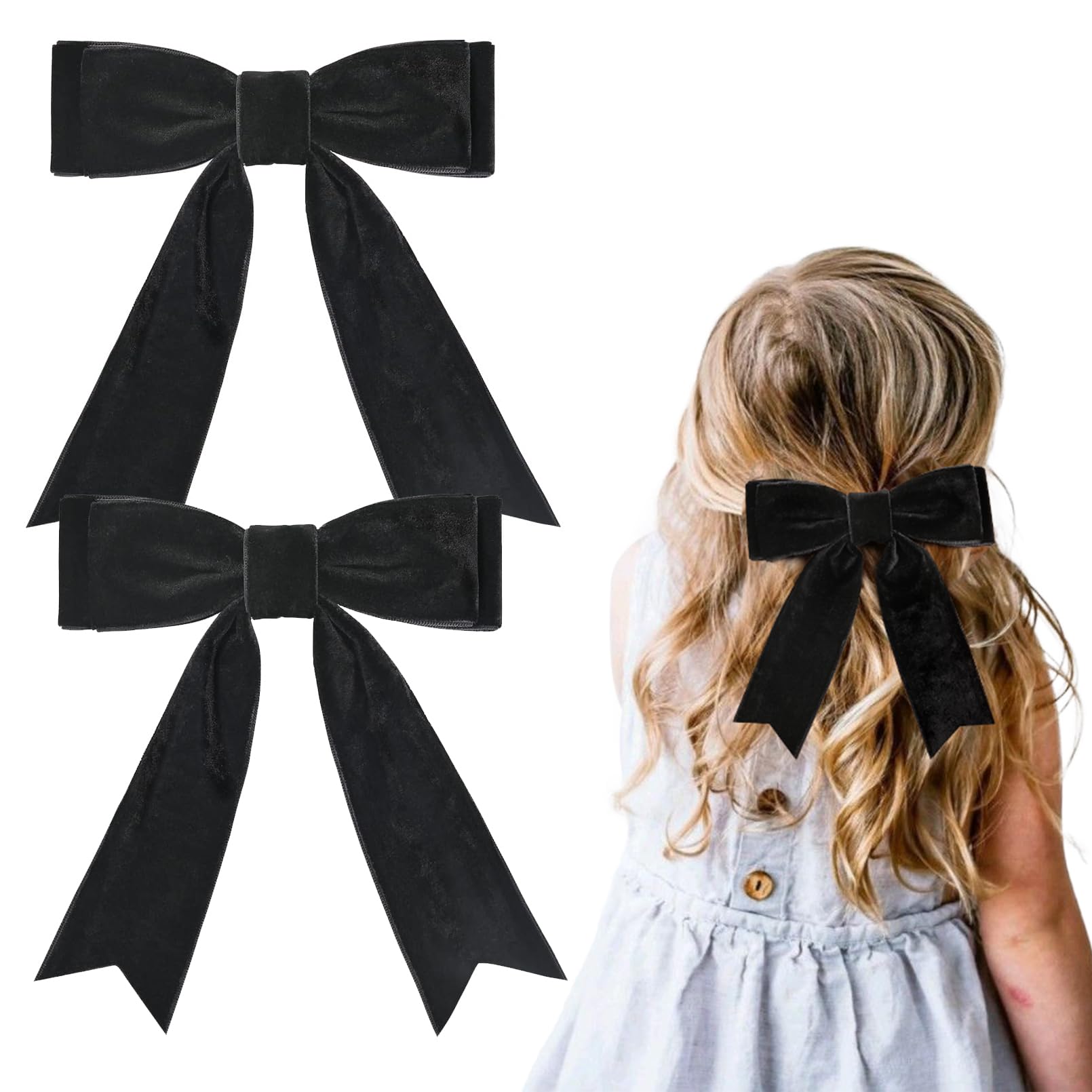 2PCS 5" Velvet Black Hair Bows Girls Hair Clips Ponytail Holder Accessories for Girls Toddlers