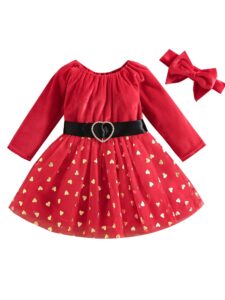 spring hue infant toddler girls valentines day dress outfit love heart printed velvet long sleeve belted tulle dress a red 18-24 months