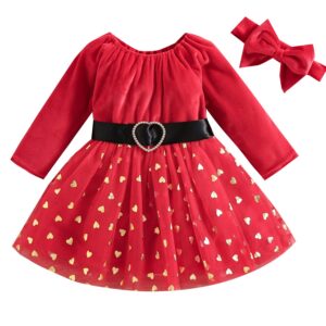 Spring hue Infant Toddler Girls Valentines Day Dress Outfit Love Heart Printed Velvet Long Sleeve Belted Tulle Dress A red 18-24 Months