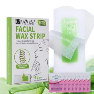 viilife 48 pcs facial wax strips 24 double sides mini wax strips hair removal at home waxing hair removal for women's facial eyebrows upper lip and chin with 8 calming wipes