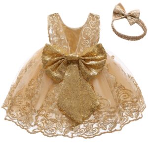 baby princess girls embroidery dresses toddler lace ruffles new year easter tutu dress with headwear 12m 18m (golden,80)