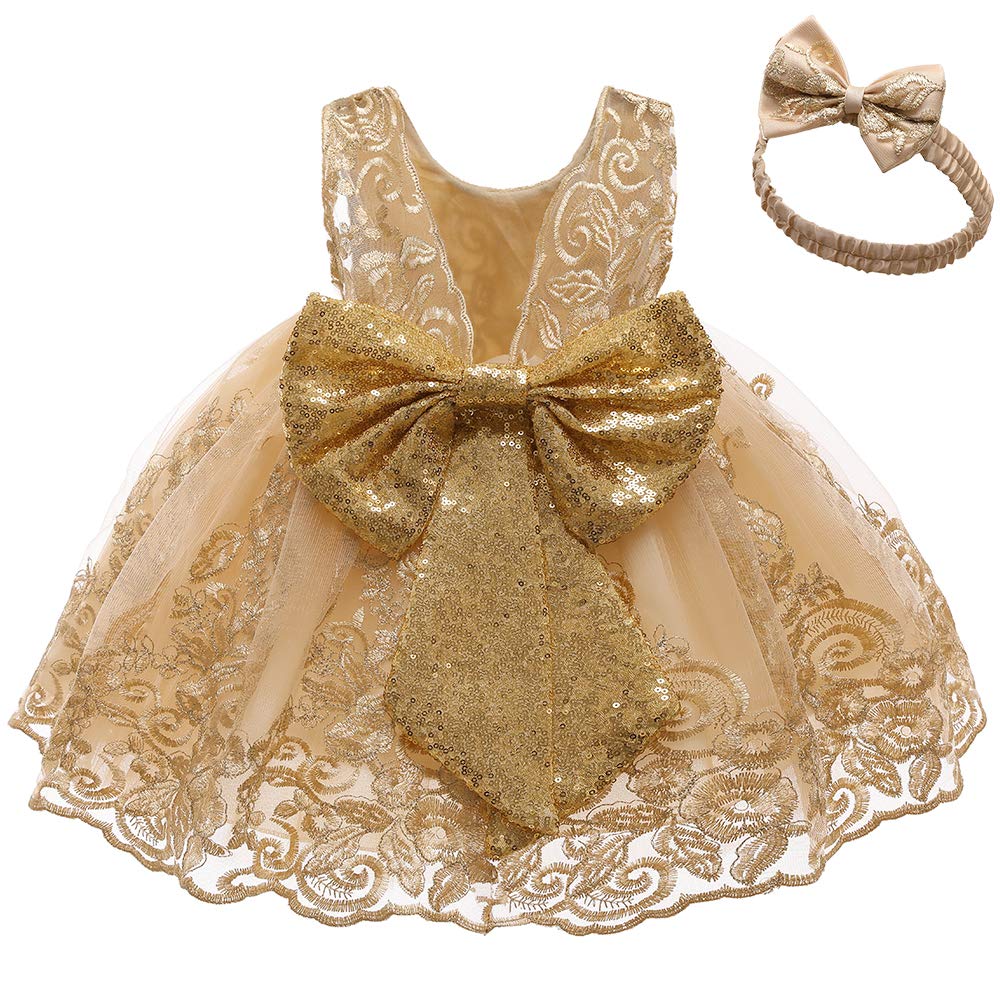 Baby Princess Girls Embroidery Dresses Toddler Lace Ruffles New Year Easter Tutu Dress with Headwear 12M 18M (Golden,80)