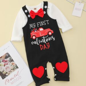 bilison My First Valentine's Day Outfit Newborn Baby Boys Clothes Bow Tie Bodysuit Print Overalls 2Pcs Romper Set 0-12 Months