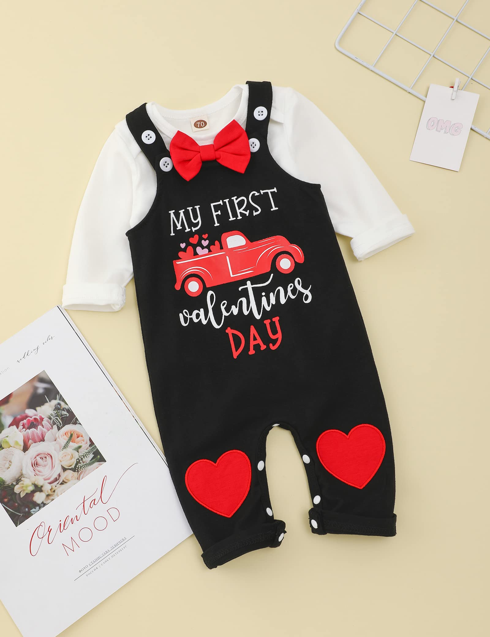 bilison My First Valentine's Day Outfit Newborn Baby Boys Clothes Bow Tie Bodysuit Print Overalls 2Pcs Romper Set 0-12 Months