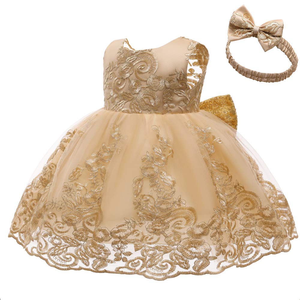 Baby Princess Girls Embroidery Dresses Toddler Lace Ruffles New Year Easter Tutu Dress with Headwear 12M 18M (Golden,80)