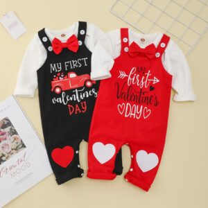 bilison My First Valentine's Day Outfit Newborn Baby Boys Clothes Bow Tie Bodysuit Print Overalls 2Pcs Romper Set 0-12 Months