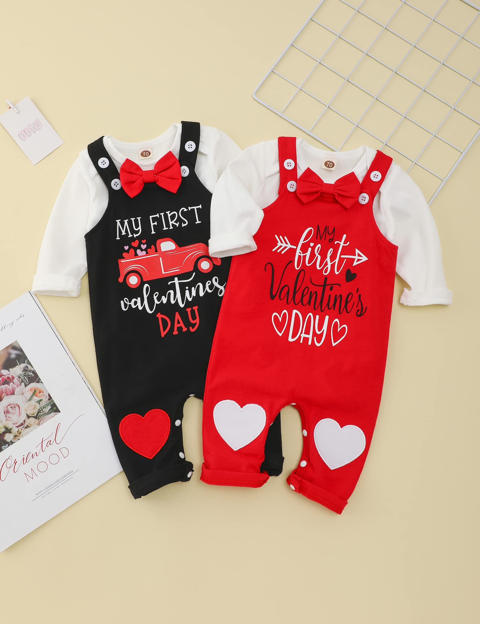 bilison My First Valentine's Day Outfit Newborn Baby Boys Clothes Bow Tie Bodysuit Print Overalls 2Pcs Romper Set 0-12 Months