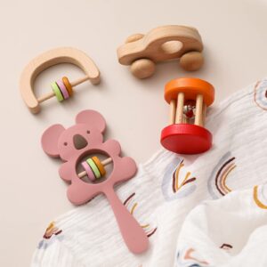 promise babe wooden baby toys 4pcs rattles set baby toys montessori toys for babies,red