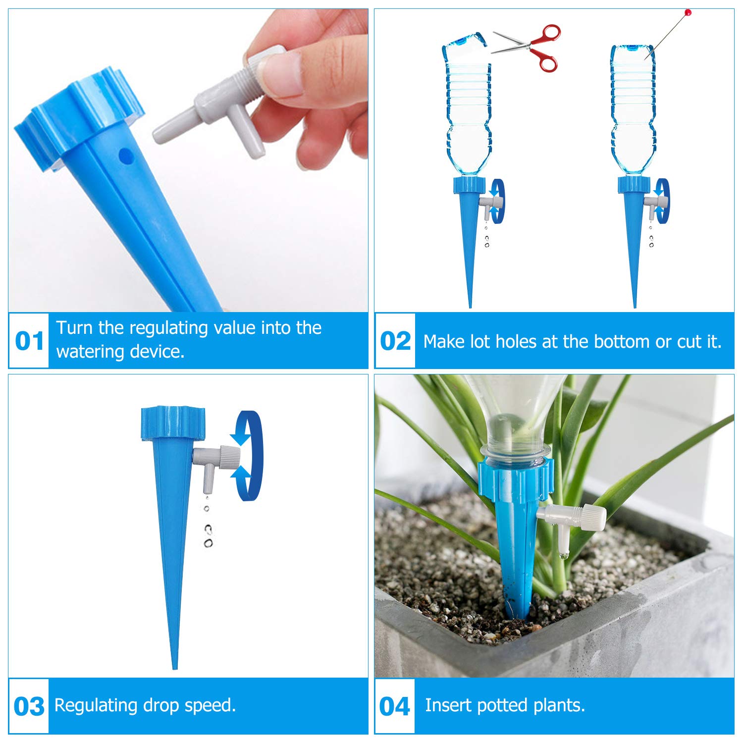 Self Watering Spikes, Slow Release Control Valve Switch Automatic Irrigation Watering Drip System, Adjustable Water Volume Drip System for Vacation and Outdoor Plant Watering-12Pack（6 green&6 blue）