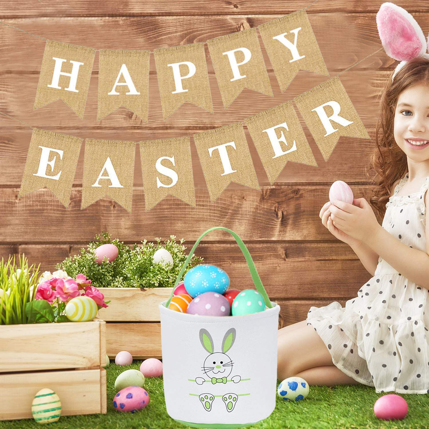 Easter Bunny Basket Bags Rabbit Canvas Toys Bucket Tote Storage Gifts Candies Handbag for Kids