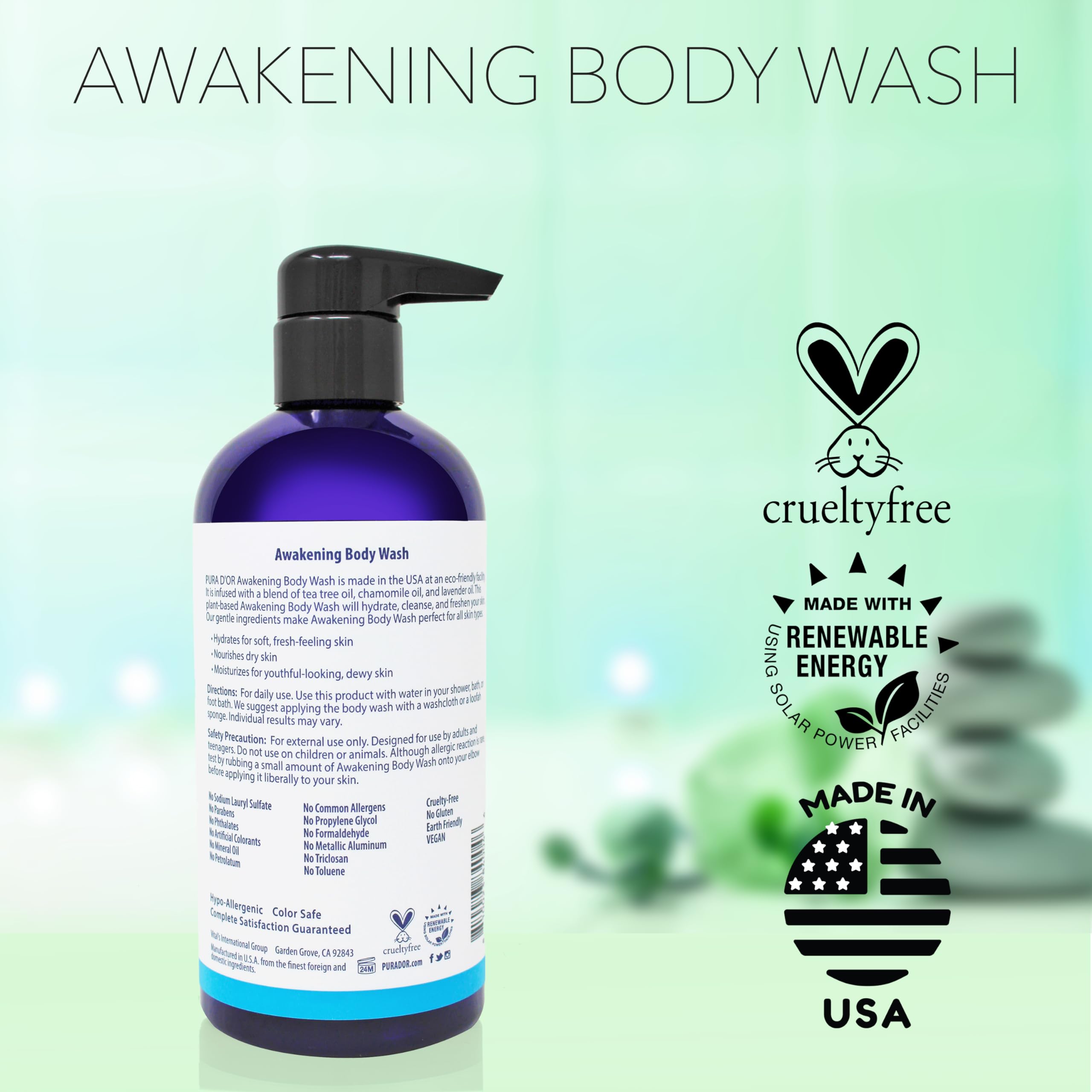 PURA D'OR Awakening Body Wash (16oz) with Aloe Vera, Chamomile, Lavender, Tea Tree and Natural Nutrients - pH Balanced for Moisturized Soft, Fresh-Feeling Skin, All Skin Types, Men & Women