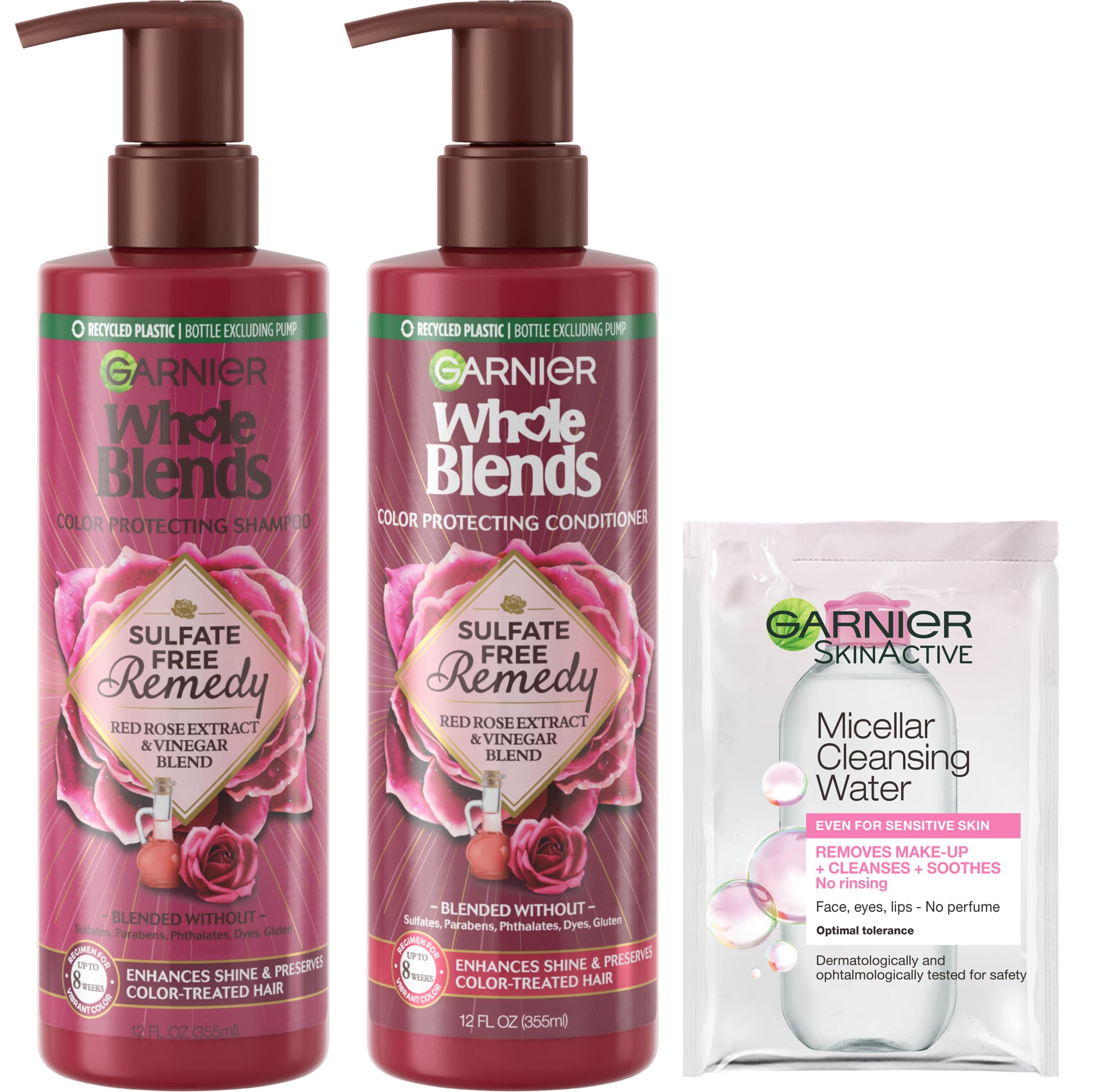 Garnier Whole Blends Sulfate Free Remedy Red Rose & Vinegar Color Protecting Shampoo and Conditioner Set for Color Treated Hair with Sample, 12 Fl Oz, 1 Kit (Packaging May Vary)