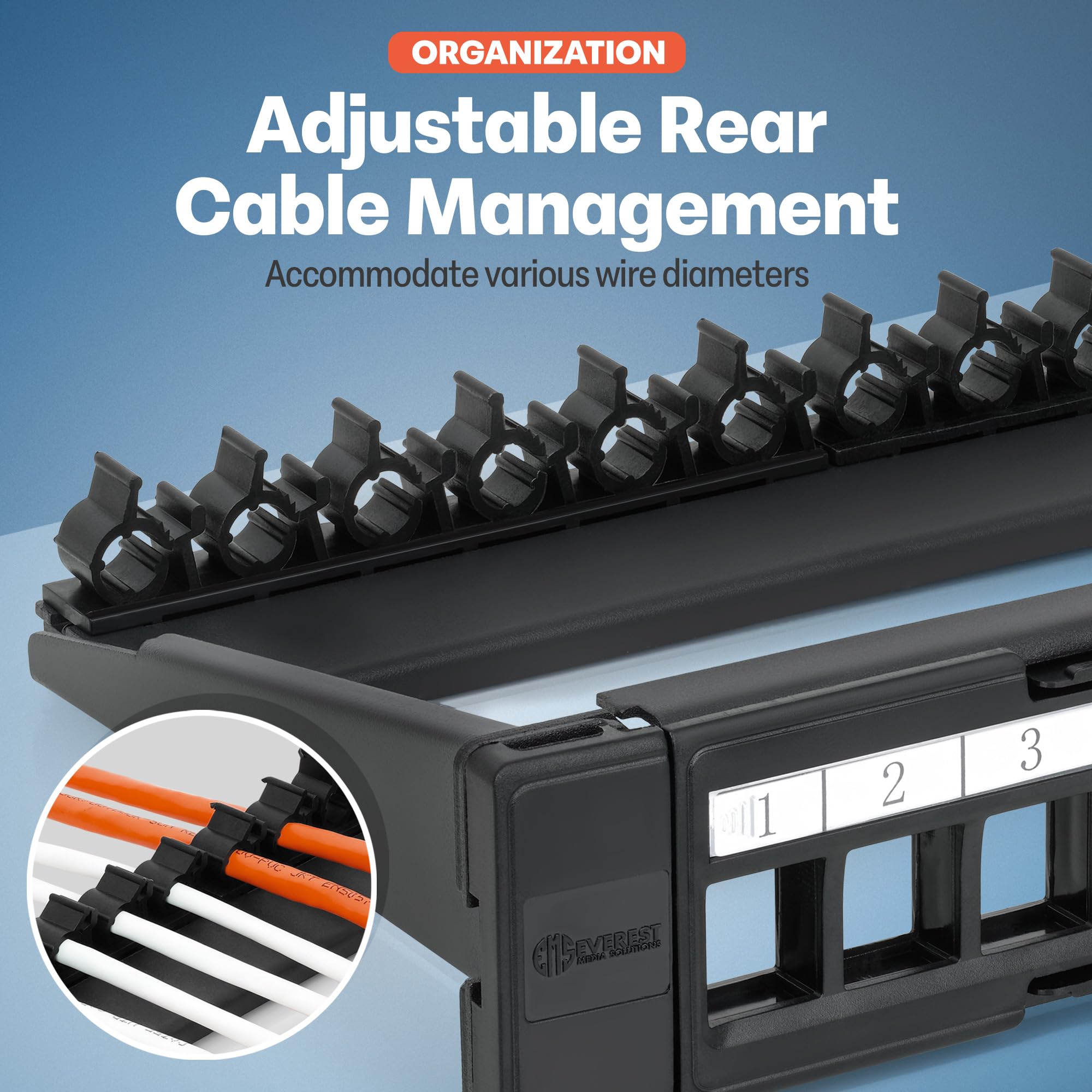 Everest 24 Port Keystone Patch Panel (4-Pack) - Removable 6-Port Panels - Use with Slim Profile Keystones ONLY (Wider Jacks May not fit Side by Side) - with Adjustable Rear Cable Management Bar