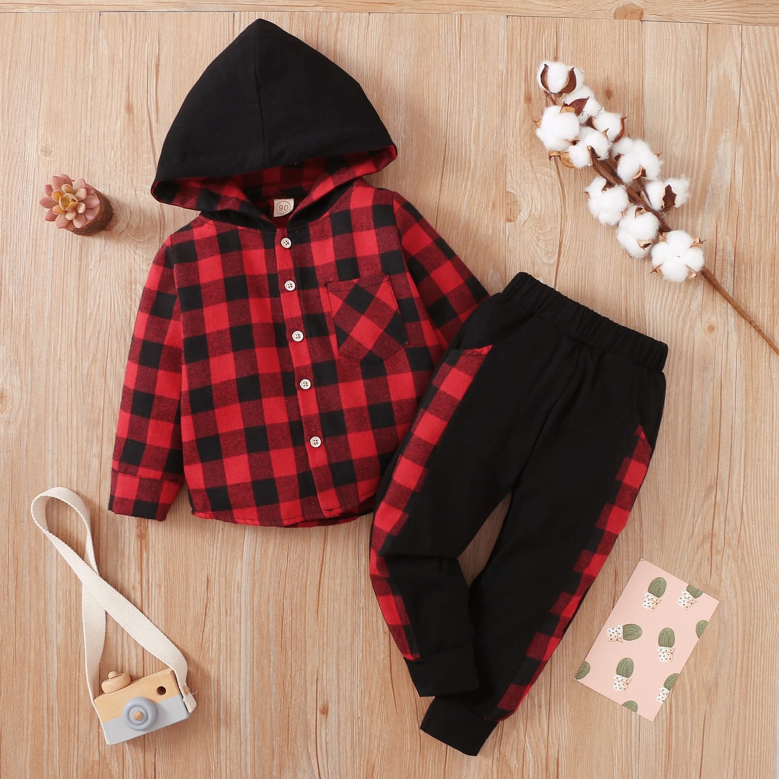 ODASIRA Toddler Baby Boy Clothes Long Sleeve Hoodie Outfits Fall Winter Plaid Shirts + Pants 2PCS Set Red 2-3 Years Old 110cm