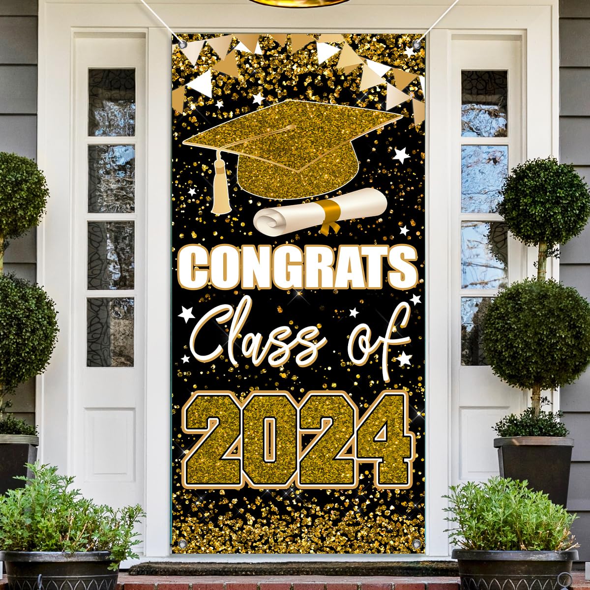 Gold Class of 2024 Banner Gold Graduation Party Decorations Class of 2024 Door Banner for Indoor/Outdoor High School Congrats Grad Party Supplies