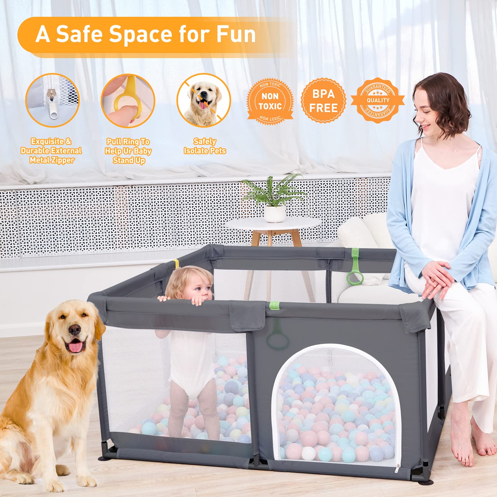 Baby Playpen 51-Inch Large Playyard for Toddler - Reliable Kids Activity Center for Infant, Sturdy Safety Playpen with Thickened Pipes+ Anti-Slip Suckers+Soft Breathable Mesh(Dark Gray, 51-Inch)