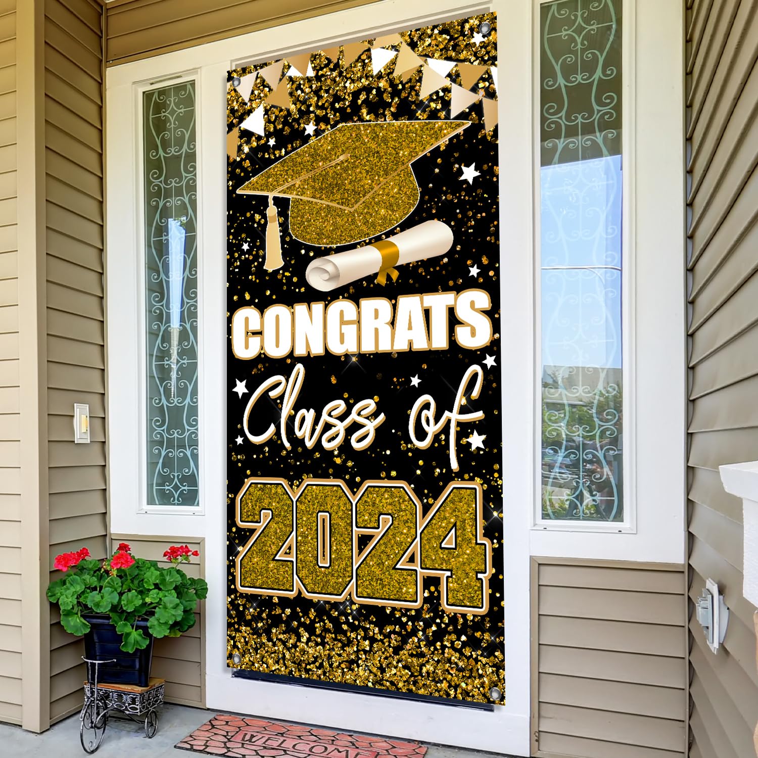 Gold Class of 2024 Banner Gold Graduation Party Decorations Class of 2024 Door Banner for Indoor/Outdoor High School Congrats Grad Party Supplies