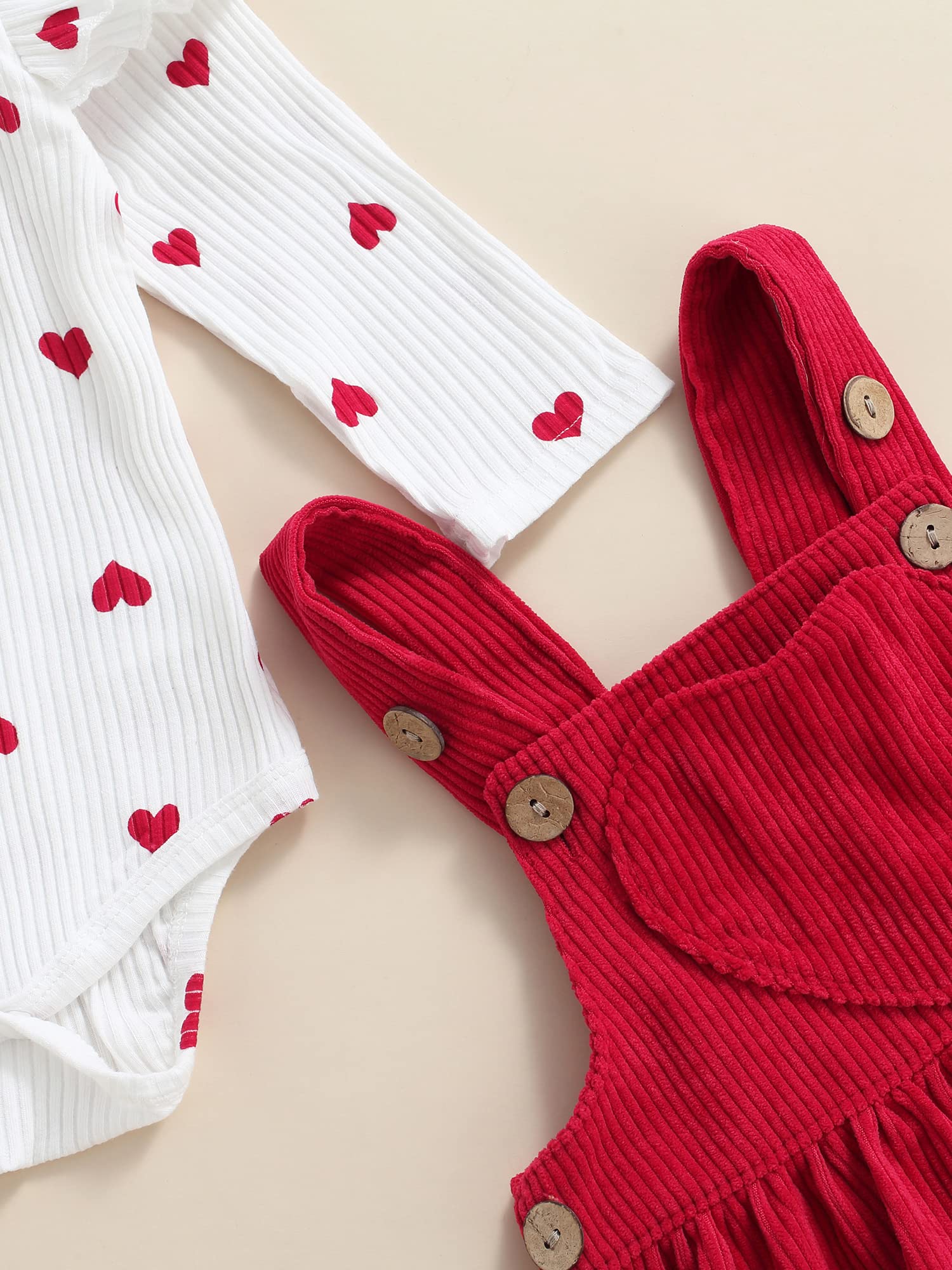 0-18M Infant Baby Girls Outfits Long Sleeve Ruffle Knit Heart Print Romper+ Suspender Skirt Overall Dress Set (Red, 3-6 Months)