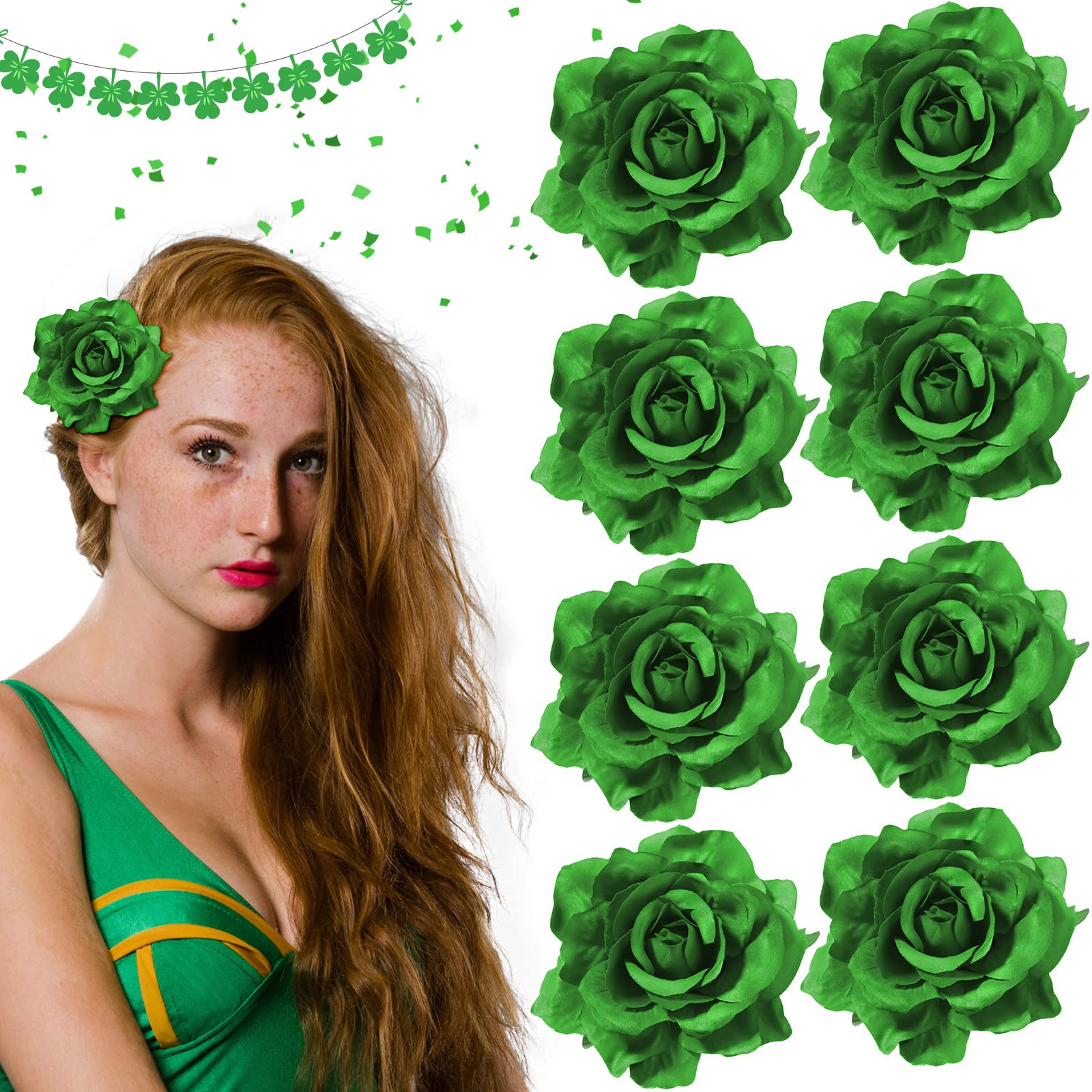 8 Pieces St. Patrick's Day Hair Decoration Flower Hair Clip Irish Green Rose Hairpin St. Patrick's Brooch Floral Clips St. Patrick's Party Supplies for Woman Girl Girlfriends Wife Accessories