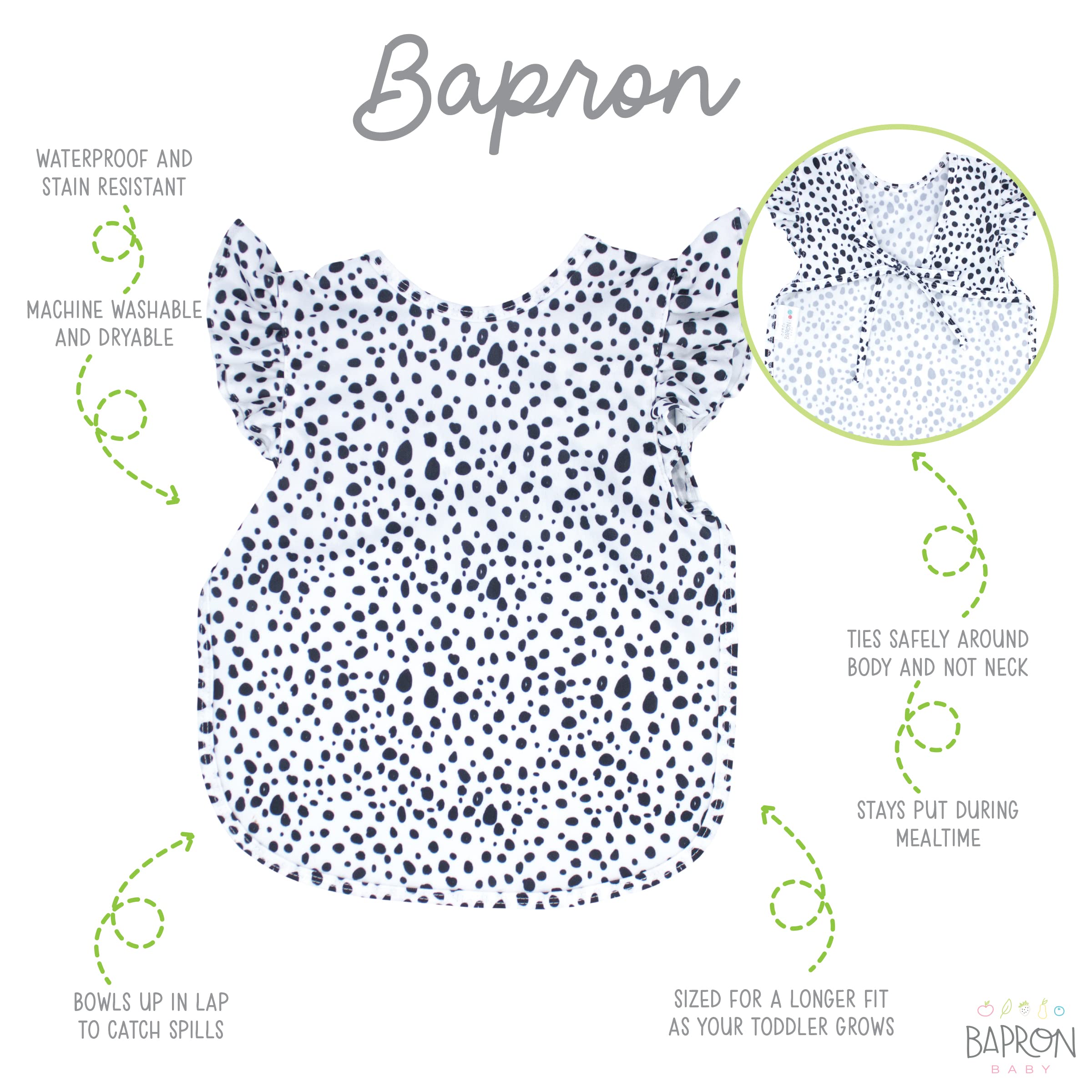 BapronBaby Flutter Organic Dot Bapron - No Neck Tie Safer Bib for Baby & Toddler - Soft Waterproof Stain Resistant - Machine Washable - Sz Preschool 3-5yrs